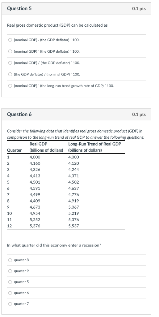 Solved Question 5 0.1 pts Real gross domestic product (GDP) | Chegg.com