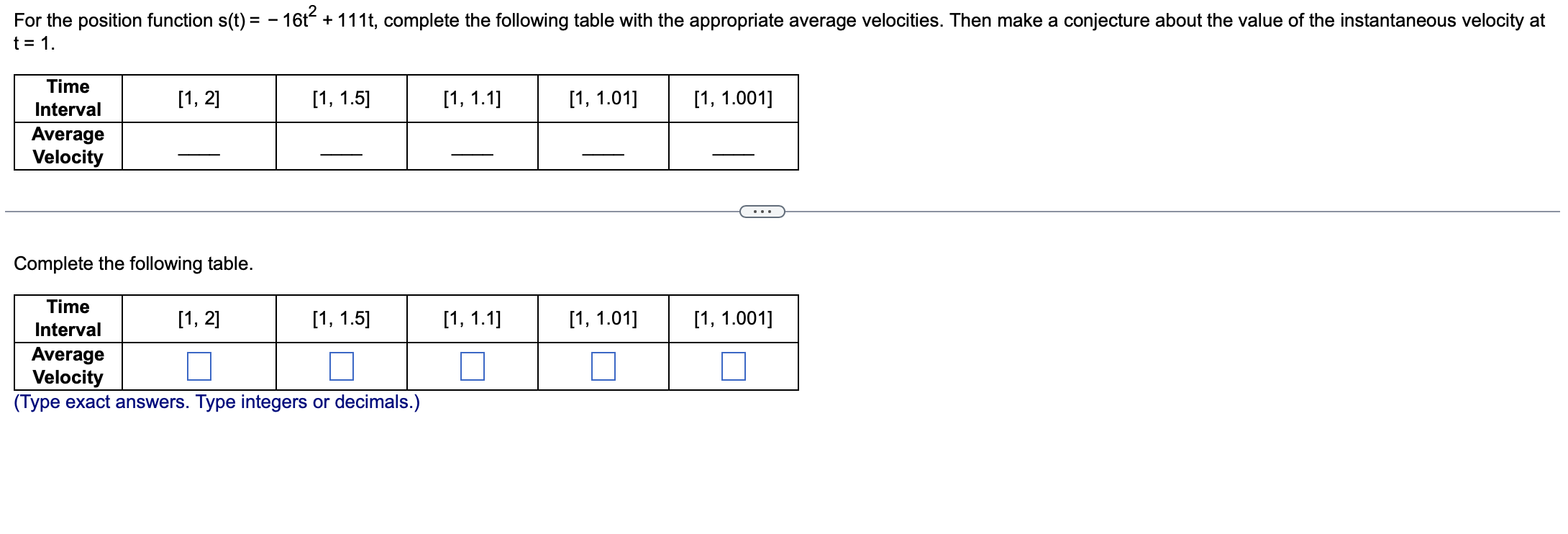 Solved For the position function s(t)=−16t2+111t, compl t=1. | Chegg.com
