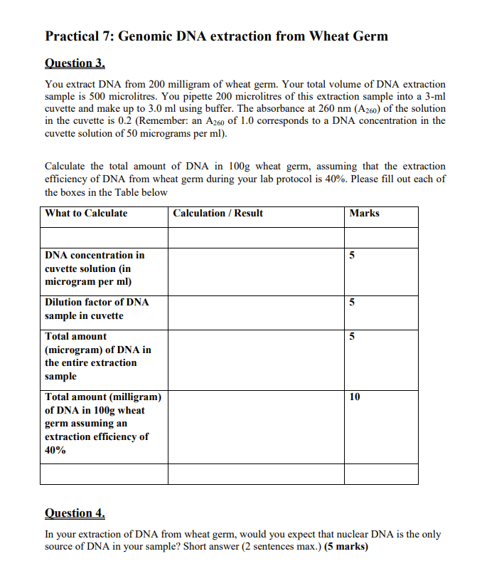 Solved Practical 7: Genomic DNA extraction from Wheat Germ | Chegg.com