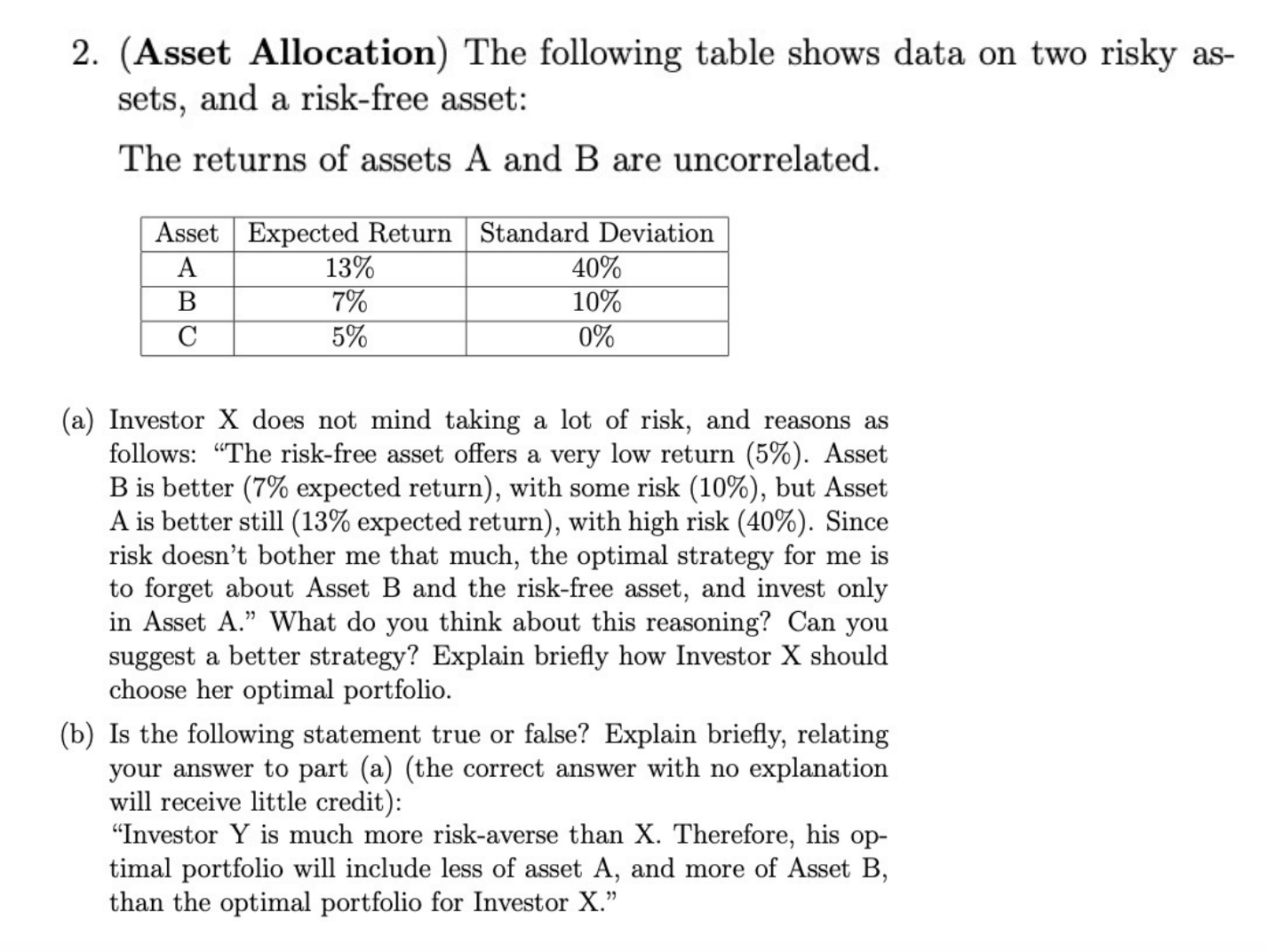 Solved 2. (Asset Allocation) The following table shows data | Chegg.com