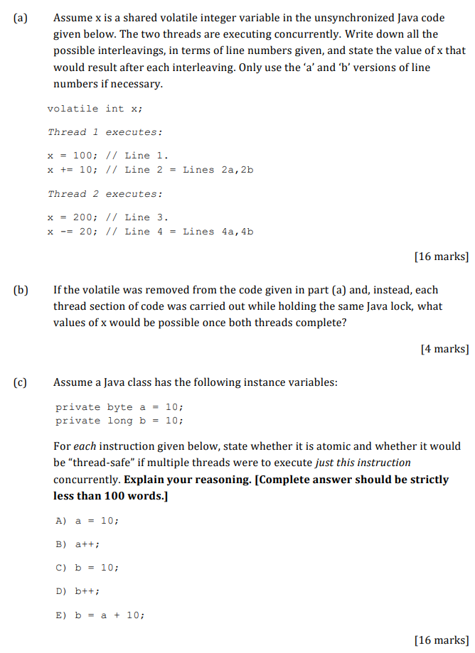 (a) Assume x is a shared volatile integer variable in | Chegg.com