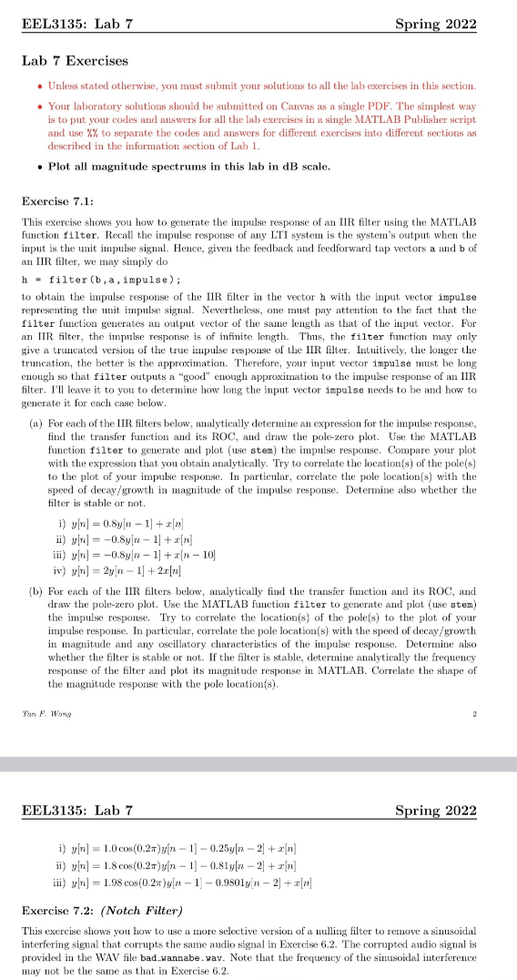 EEL3135: Lab 7 Spring 2022 Lab 7 Exercises • Unless | Chegg.com