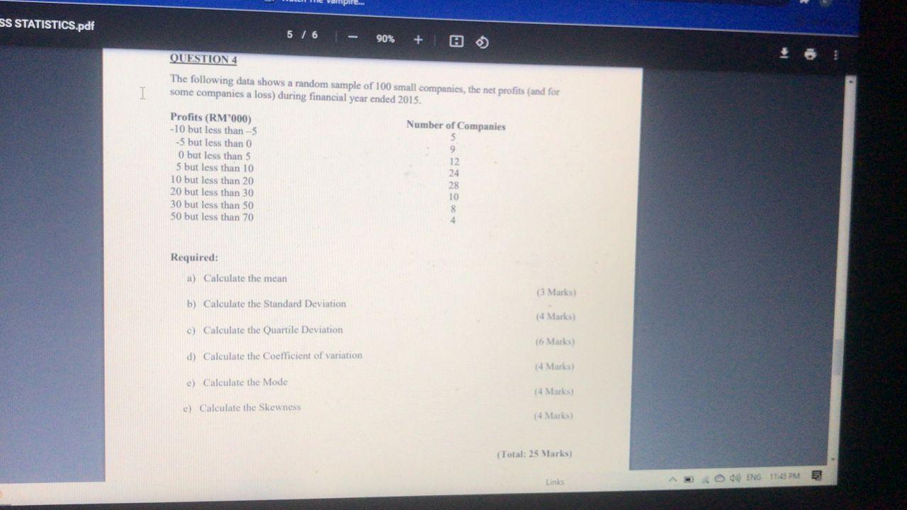 Solved SS STATISTICS.pdf 5 76 90% + 0 0 QUESTION 4 I The | Chegg.com