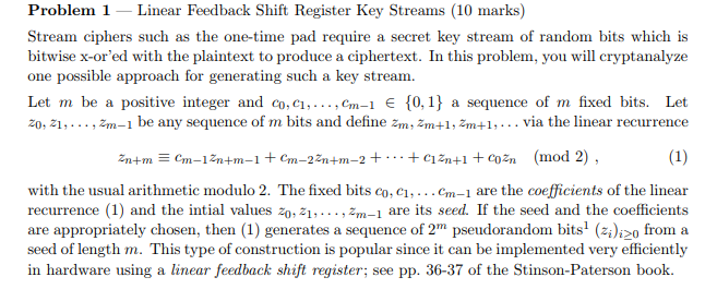 Problem 1 - Linear Feedback Shift Register Key | Chegg.com