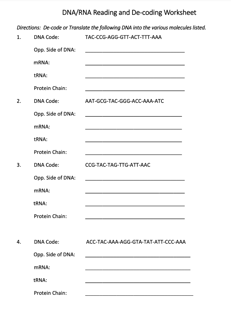 Solved DNA/RNA Reading and De-coding Worksheet Directions: | Chegg.com