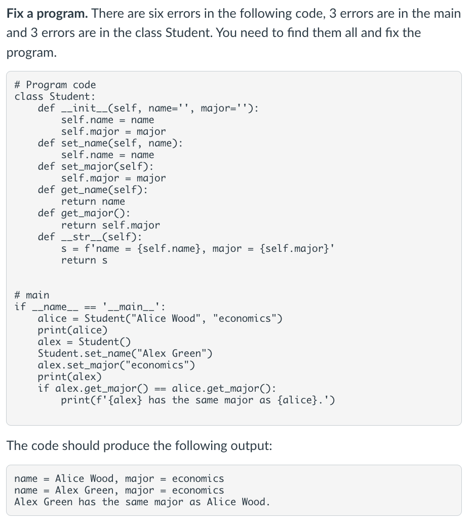 Solved Fix a program. There are six errors in the following | Chegg.com