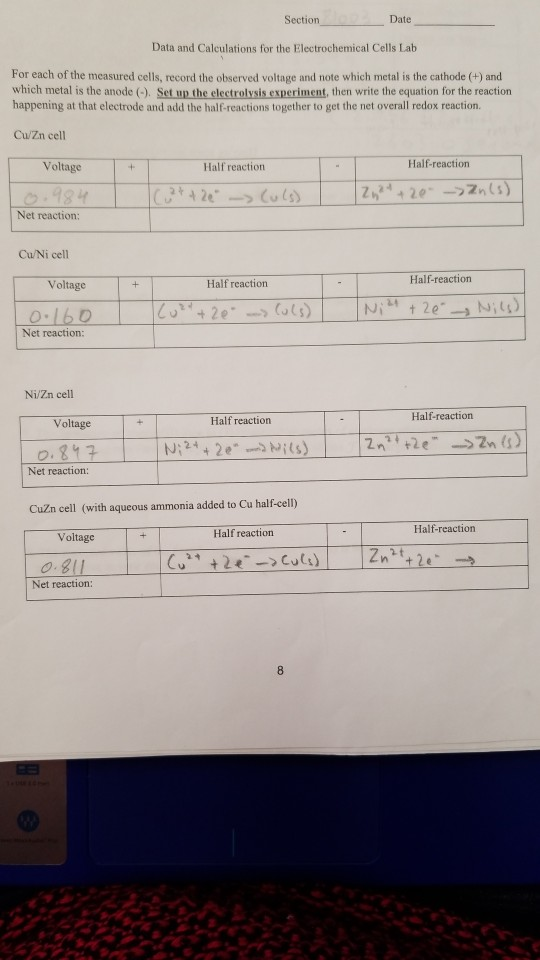 Solved Section- Date Data and Calculations for the | Chegg.com