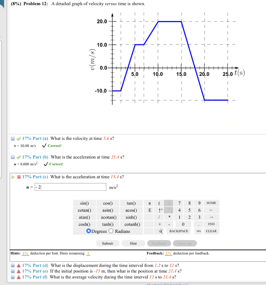 Solved (8\%) Problem 12: A detailed graph of velocity versus | Chegg.com