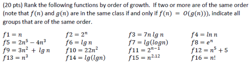 Solved (20 pts) Rank the following functions by order of | Chegg.com