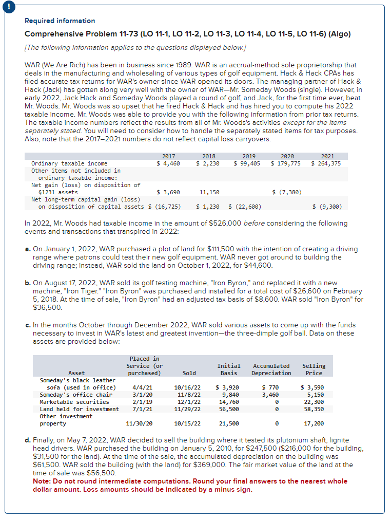 Required information Comprehensive Problem 11-73 (LO | Chegg.com