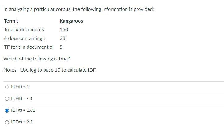 Solved In analyzing a particular corpus, the following | Chegg.com