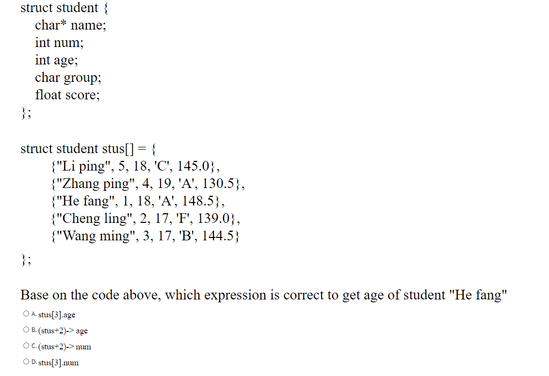 Solved struct student { char* name; int num; int age; char | Chegg.com