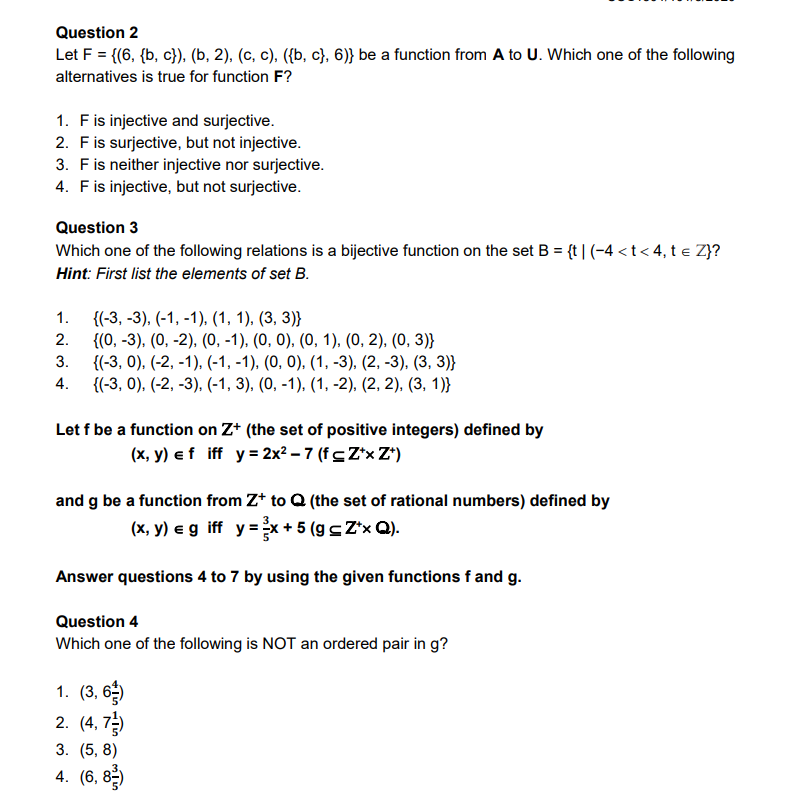 Question 2 Let F = {(6, {b, c}), (b, 2), (C, c), ({b, | Chegg.com