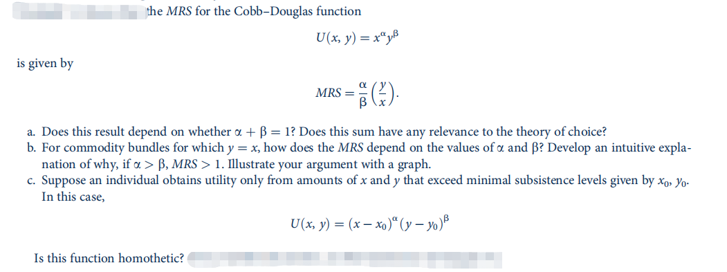 the MRS for the Cobb-Douglas function U(x, y) = *«yB | Chegg.com