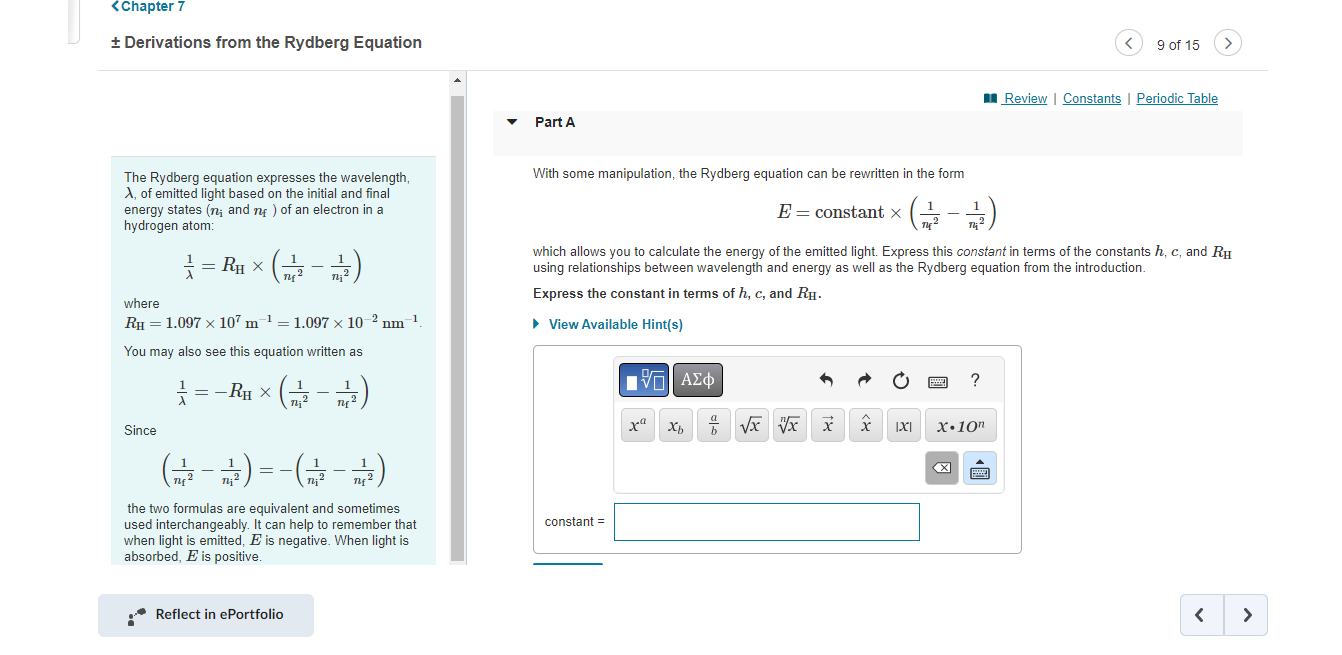 Solved ± Derivations From The Rydberg Equation 9 Of 15 Part 3538