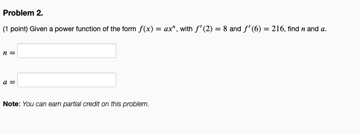 Solved (1 point) Given a power function of the form | Chegg.com