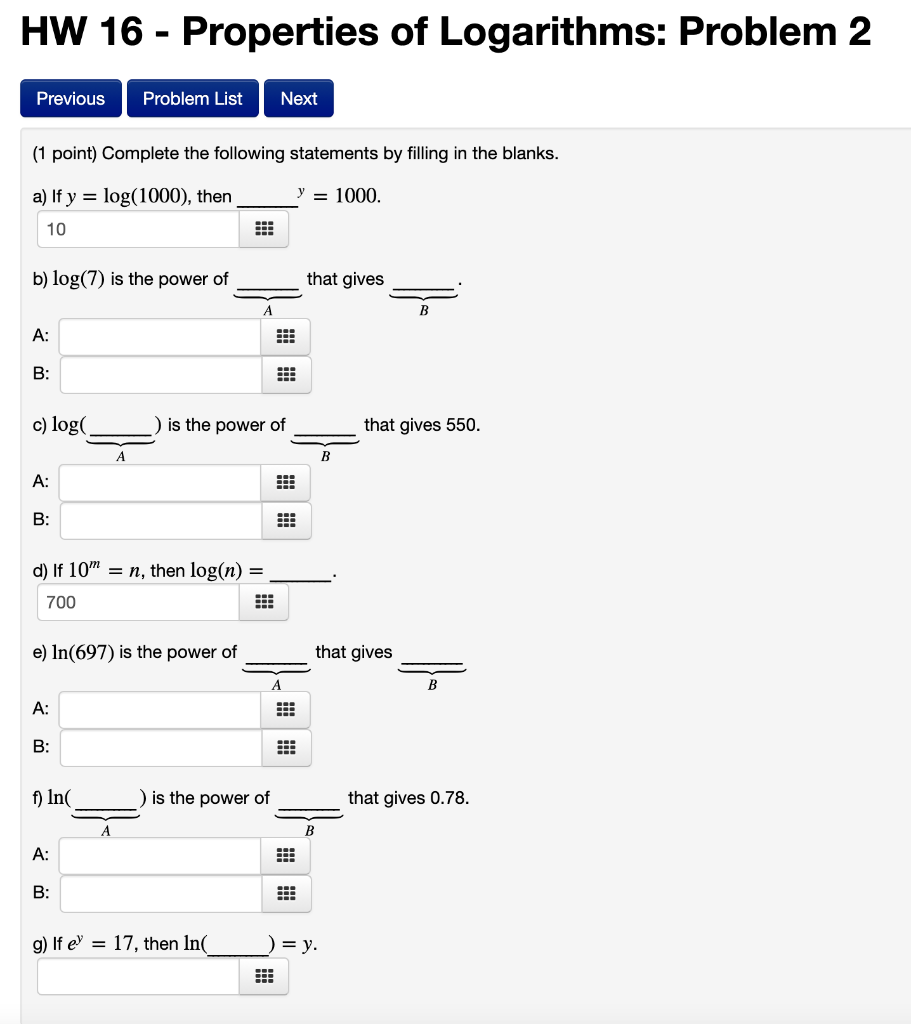 Solved HW 16 - Properties of Logarithms: Problem 2 Previous | Chegg.com