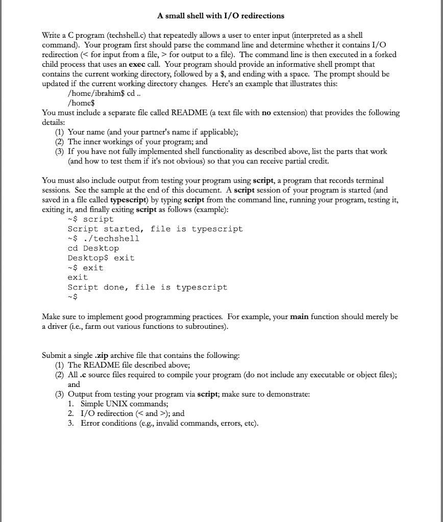 Solved A small shell with I/O redirections Write a C program | Chegg.com