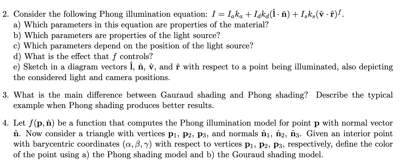 2. Consider the following Phong illumination | Chegg.com