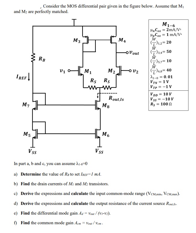 Solved , ﻿Consider the MOS differential pair given in ﻿the | Chegg.com