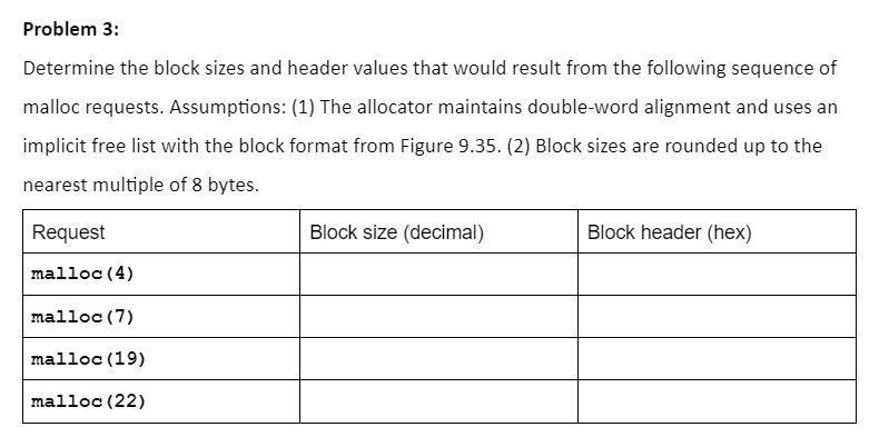 Solved Problem 3: Determine the block sizes and header | Chegg.com