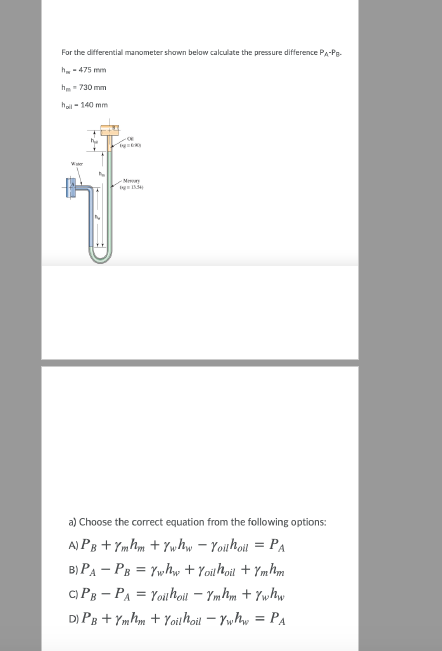 Solved For the differential manometer shown below calculate | Chegg.com
