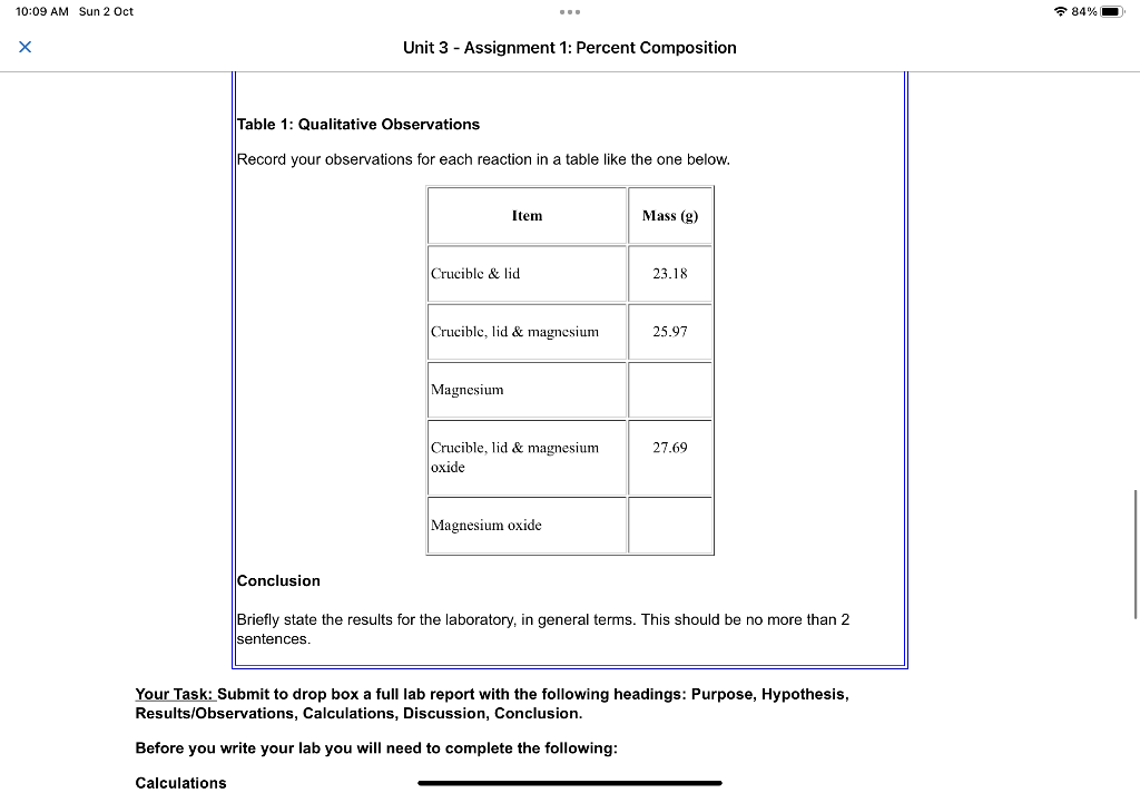Solved Unit 3 - Assignment 1: Percent Composition Sample | Chegg.com