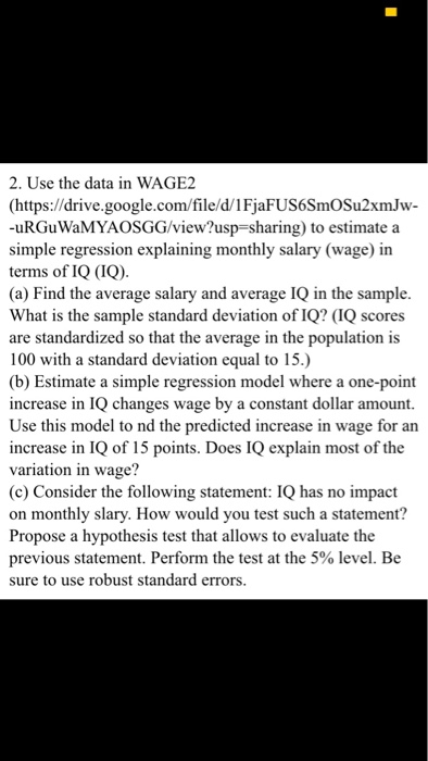 2. Use the data in WAGE2 | Chegg.com