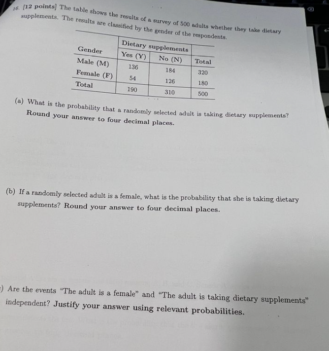 Solved 16. [12 points] The table shows the results of a | Chegg.com