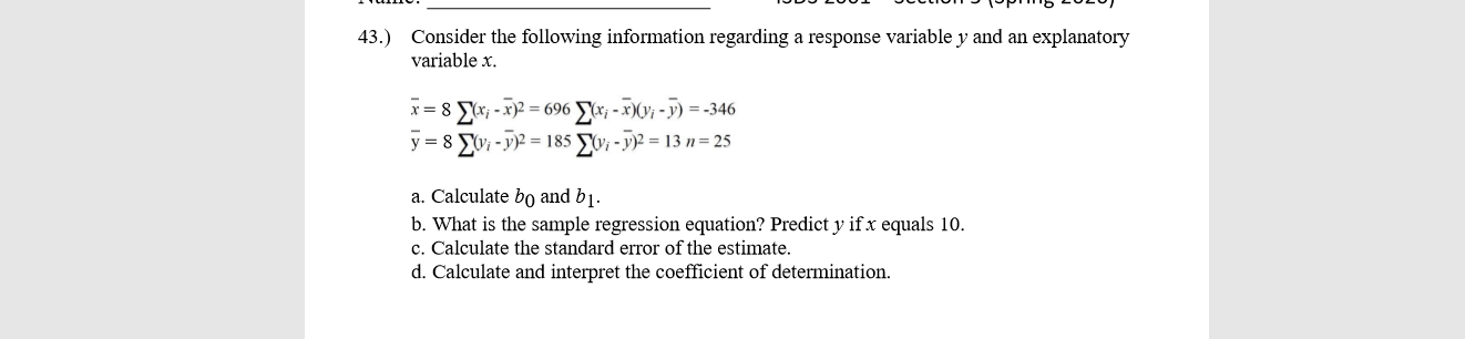 Calculate b0 and b1. What is the sample regression | Chegg.com
