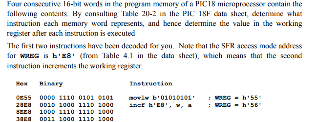 Four consecutive 16-bit words in the program memory | Chegg.com