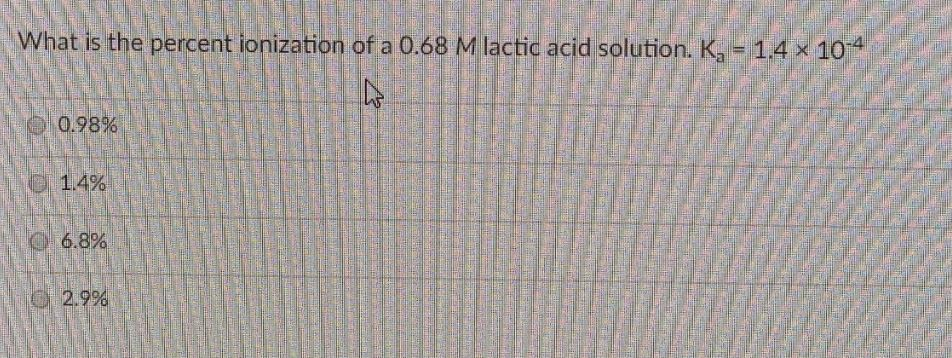 Solved What is the percent ionization of a 0.68 M lactic | Chegg.com