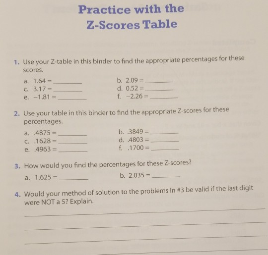 Solved Practice with the Z-Scores Table 1. Use your Z-table | Chegg.com