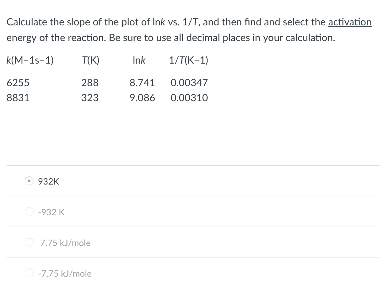 Solved Calculate the slope of the plot of Ink vs. 1/T, and | Chegg.com
