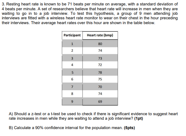 Solved 3. Resting heart rate is known to be 71 beats per | Chegg.com