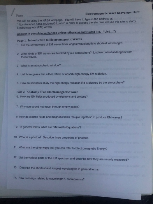 Solved Electromagnetic wave scavenger hunt. Need help with | Chegg.com