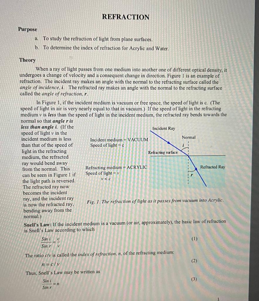 Solved REFRACTION Purpose a. To study the refraction of | Chegg.com
