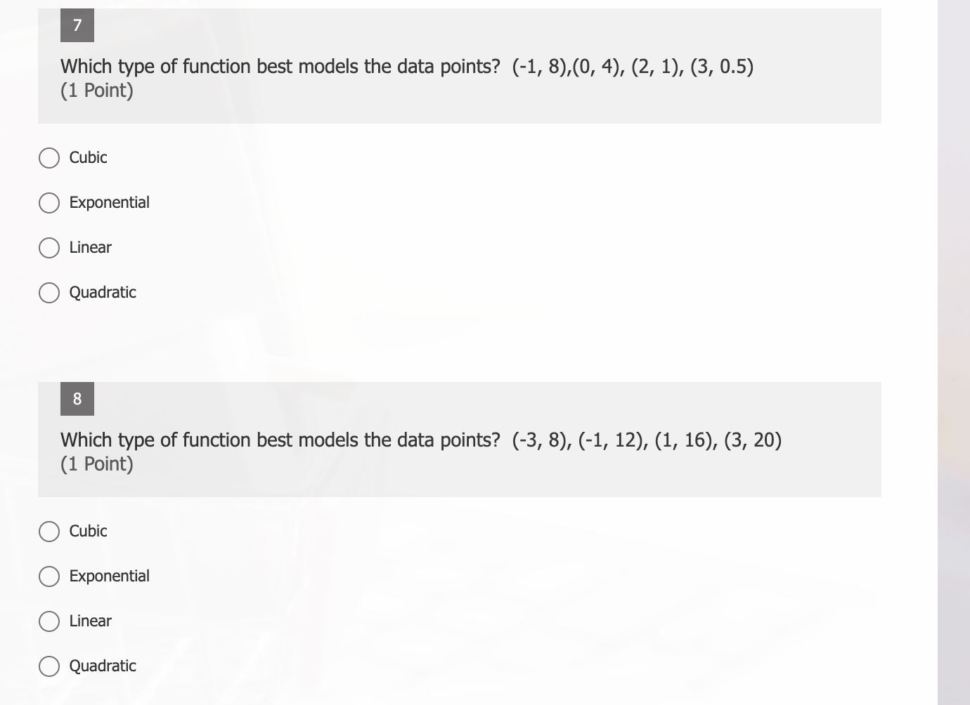 Solved 7 Which type of function best models the data points? | Chegg.com