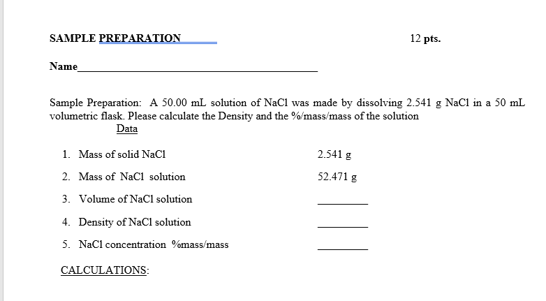 Solved SAMPLE PREPARATION 12 pts. Name Sample Preparation: A | Chegg.com