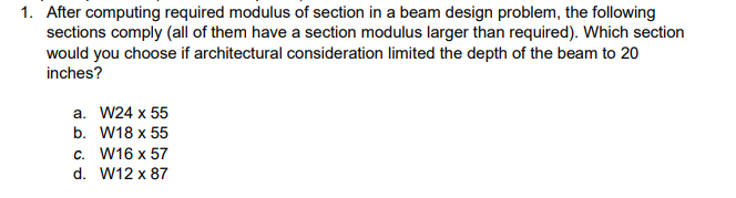 Solved 1. After computing required modulus of section in a | Chegg.com