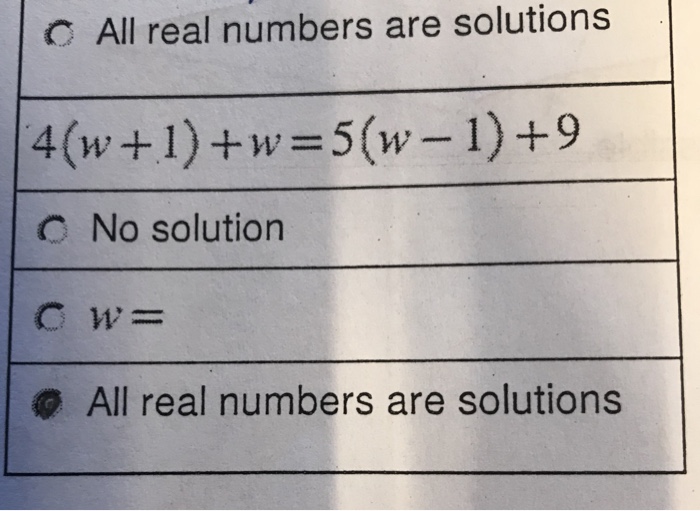 Solved C All real numbers are solutions 4(w+1) + w = 5(w-1) | Chegg.com