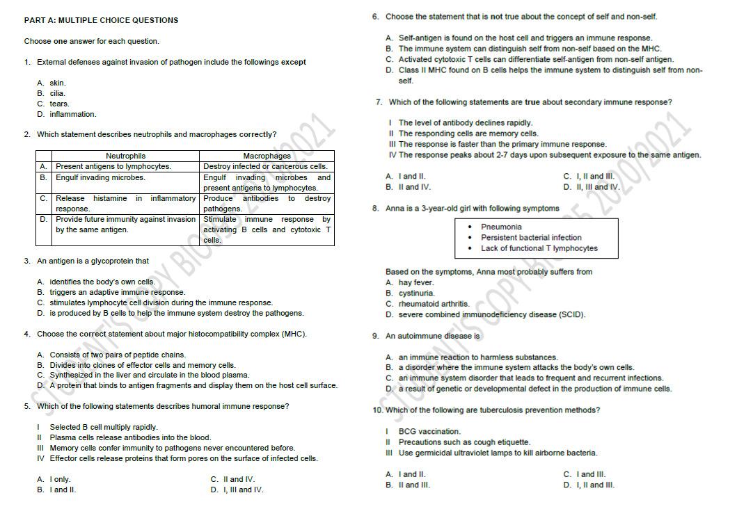 Solved PART A: MULTIPLE CHOICE QUESTIONS 6. Choose the | Chegg.com