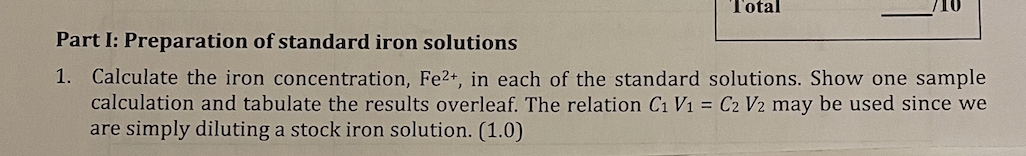 Concentration of stock iron(II) solution: 4.207×10−4 | Chegg.com