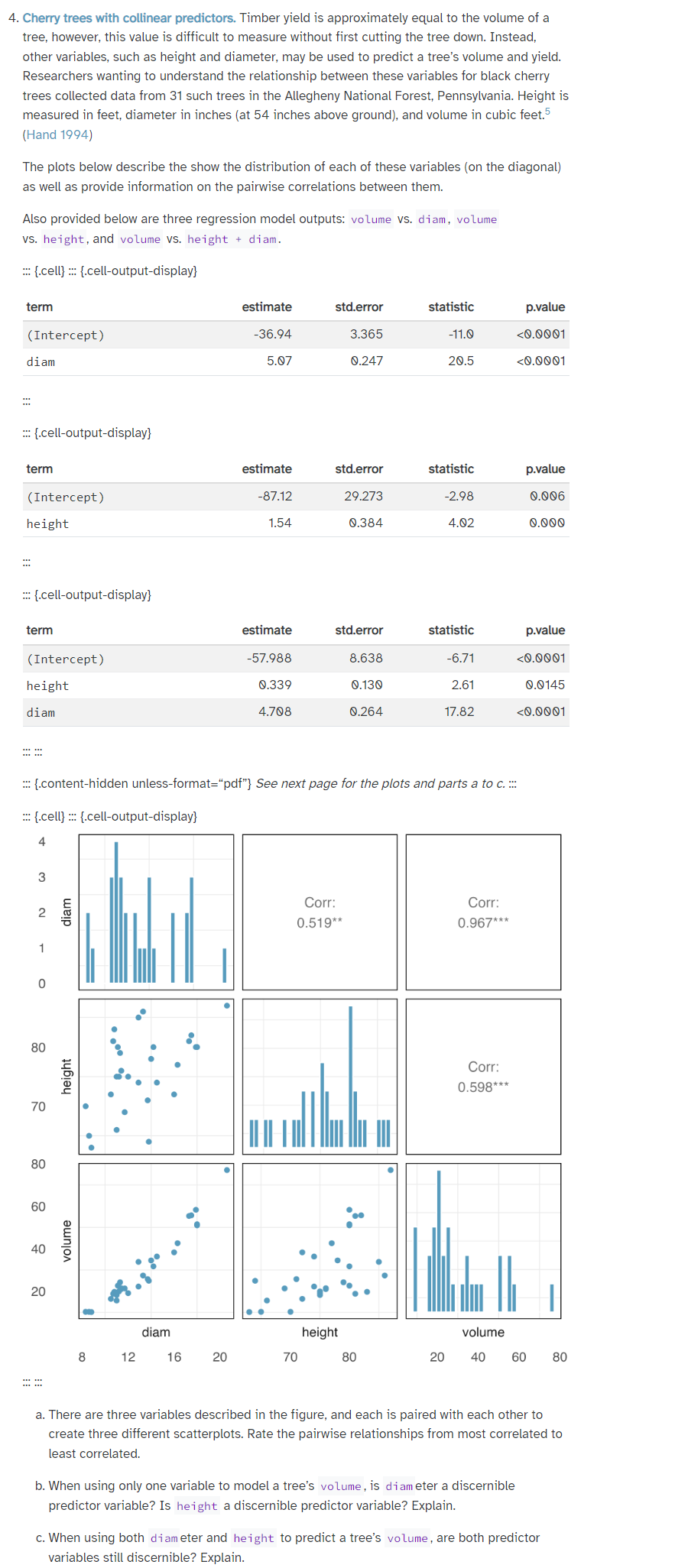 Solved Cherry trees with collinear predictors. Timber yield | Chegg.com