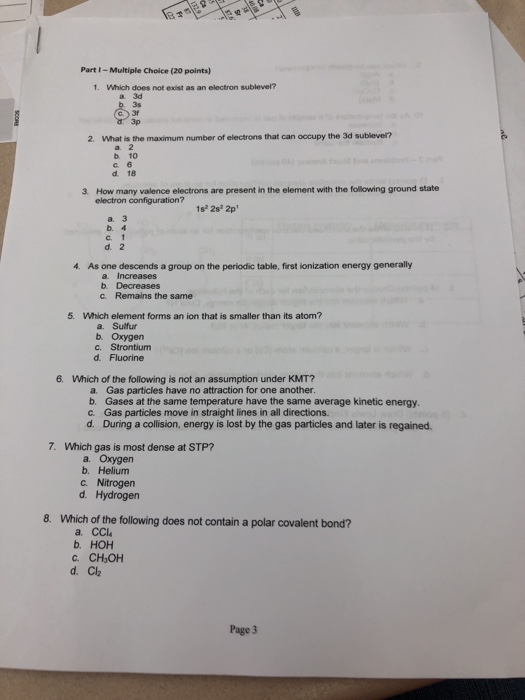 Solved Part I - Multiple Choice (20 points) 1. Which does | Chegg.com