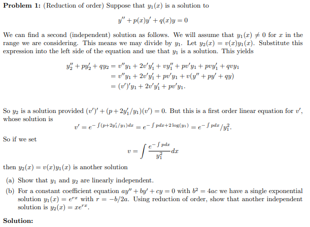 Solved Problem 1: (Reduction of order) Suppose that y1(x) is | Chegg.com