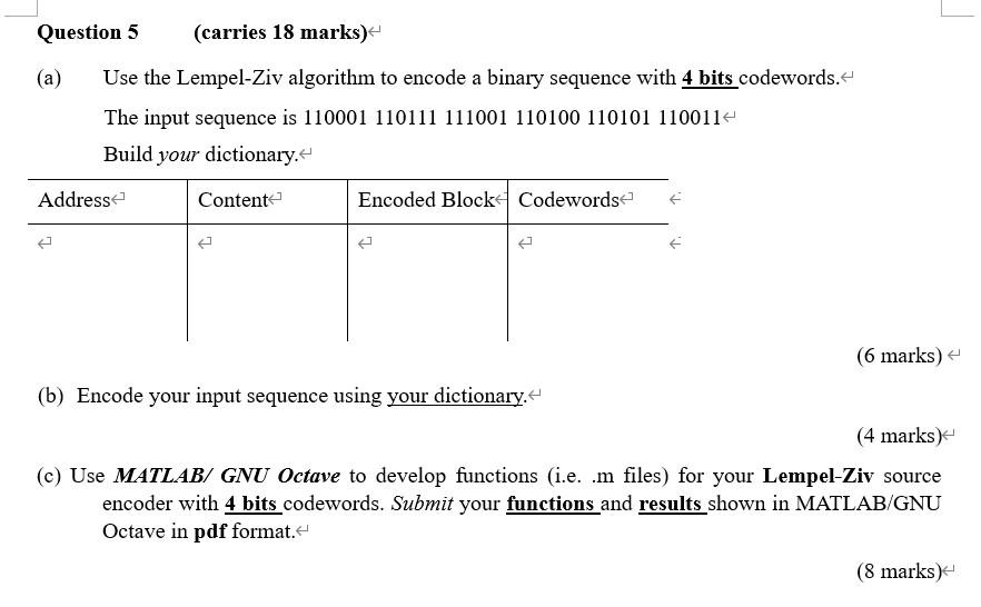 Question 5 Carries 18 Marks A Use The Lempel Ziv 