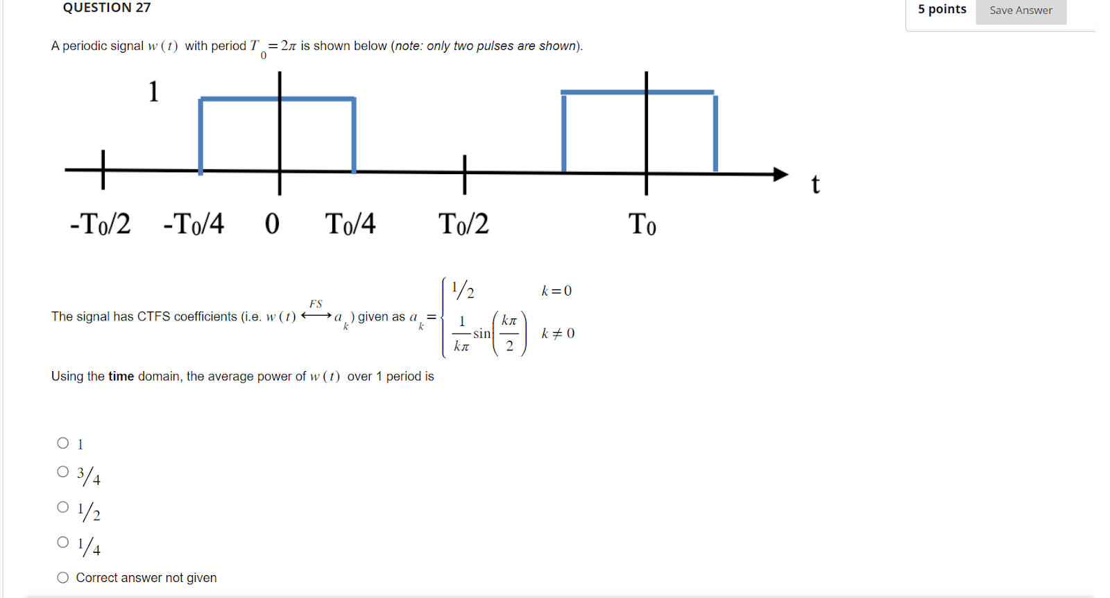 Solved A periodic signal w(t) with period T0=2π is shown | Chegg.com