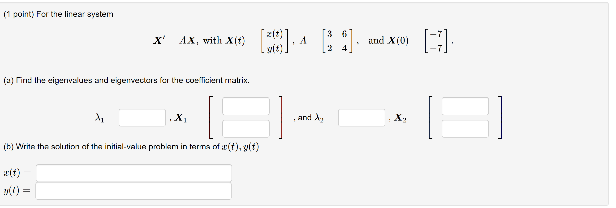 Solved (1 point) For the linear system X′=AX, with | Chegg.com