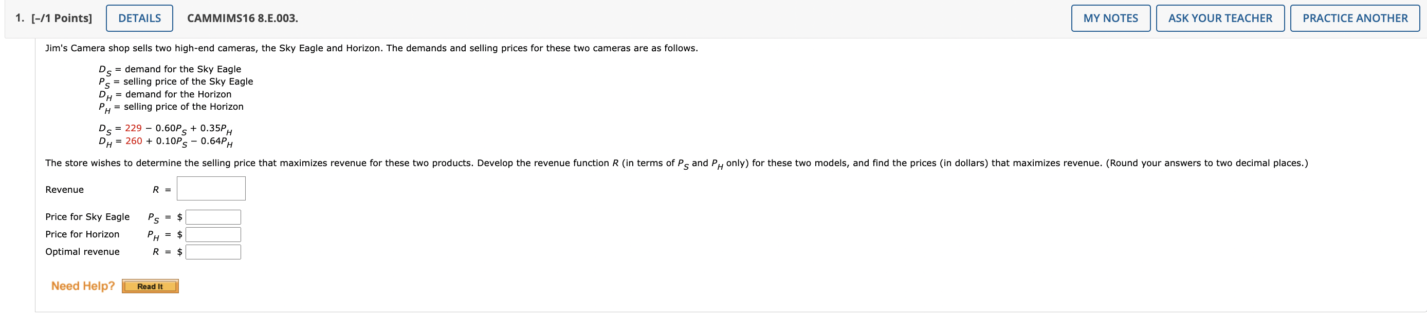 Solved 1. [-/1 Points] CAMMIMS16 8.E.003. Jim's Camera shop | Chegg.com